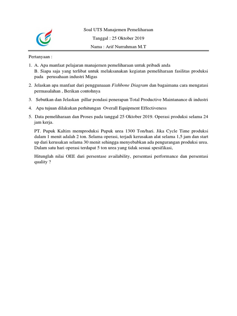 Soal UTS Management Pemeliharaan | PDF