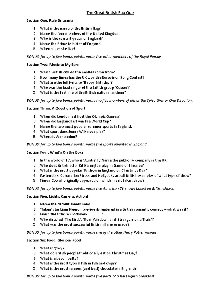 Great British Pub Quiz Pdf United Kingdom