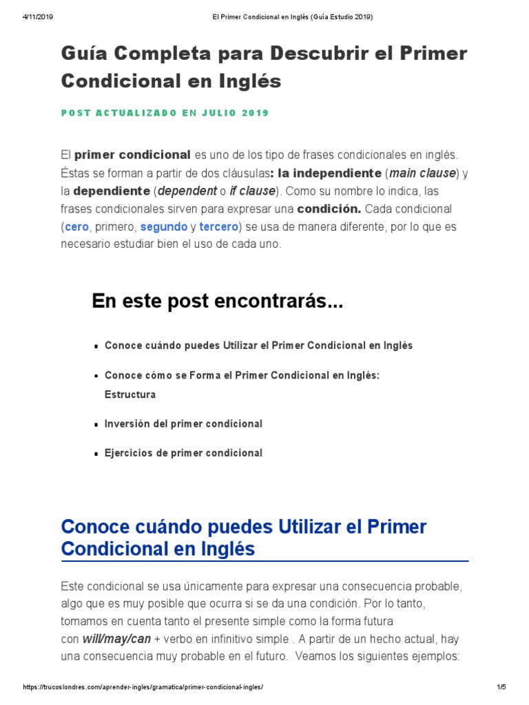 El Primer Condicional en Inglés (Guía Estudio 2019).pdf | PDF | Relaciones sintácticas | Gramática