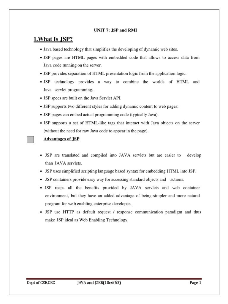 1.what Is JSP?: Unit 7: JSP and Rmi | PDF | Java Server Pages | Java Servlet