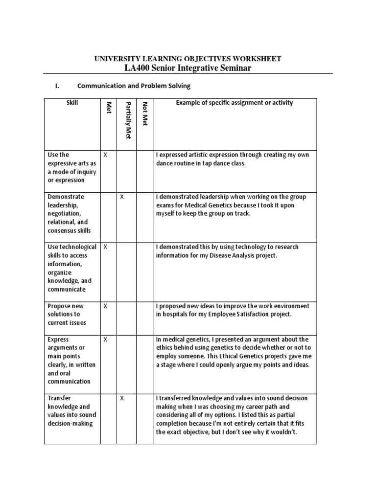 University Learning Objectives Grid | PDF | Decision Making ...