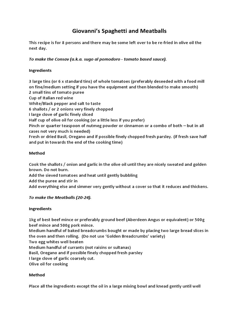 Giovanni's Spaghetti and Meatballs | PDF | Spaghetti | Food Ingredients