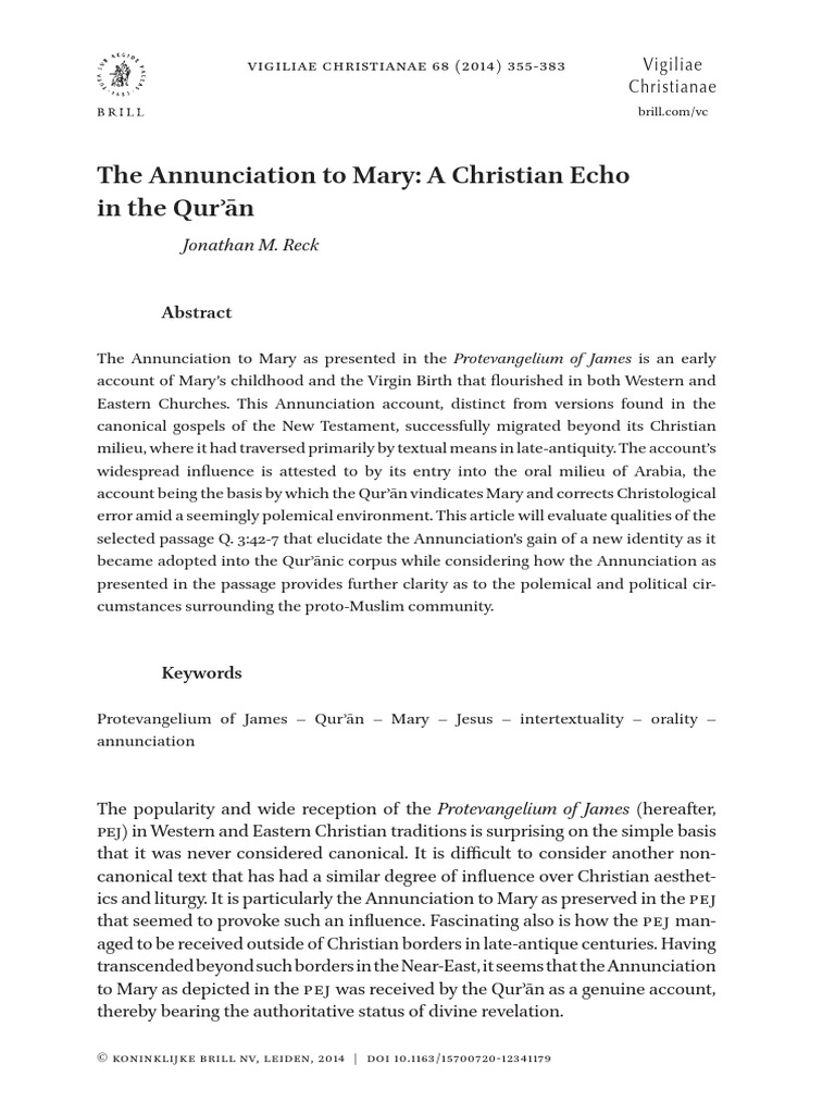Jonathan M. Reck, The Annunciation To Mary - A Christian Echo in The Qur'an PDF | PDF | Mary ...