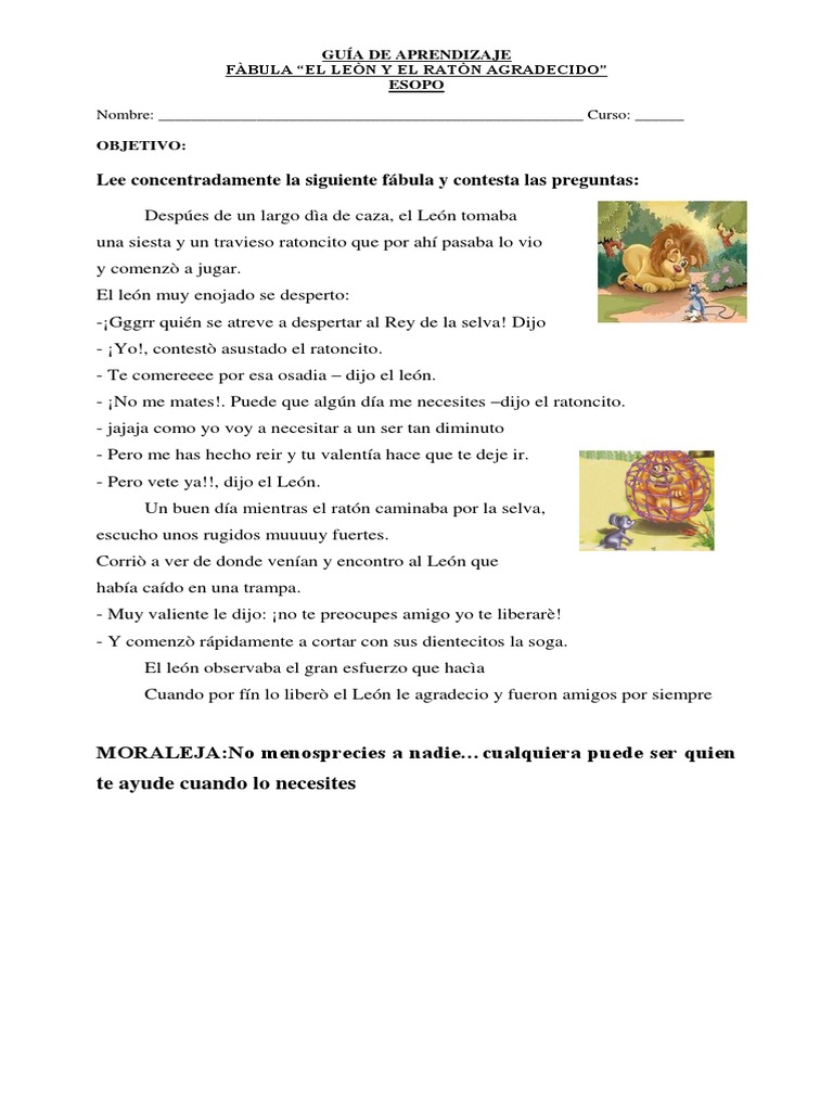 Actividades sobre "El León y el Ratón" | PDF | Fábula