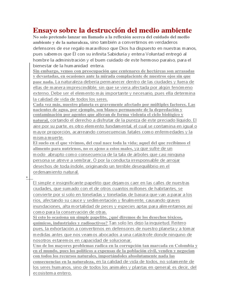 Ensayo sobre la destrucción del medio ambiente.pdf | PDF | Residuos ...