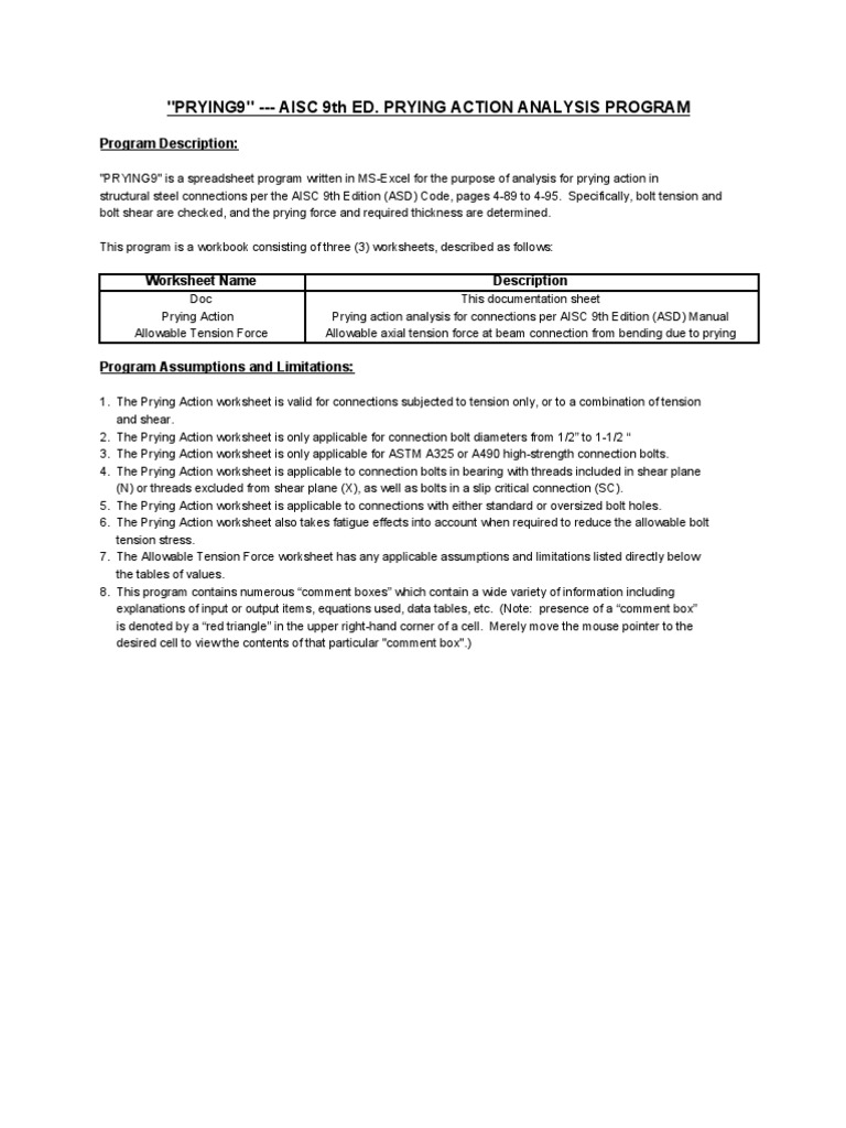 "Prying9" - Aisc 9Th Ed. Prying Action Analysis Program | PDF | Screw ...