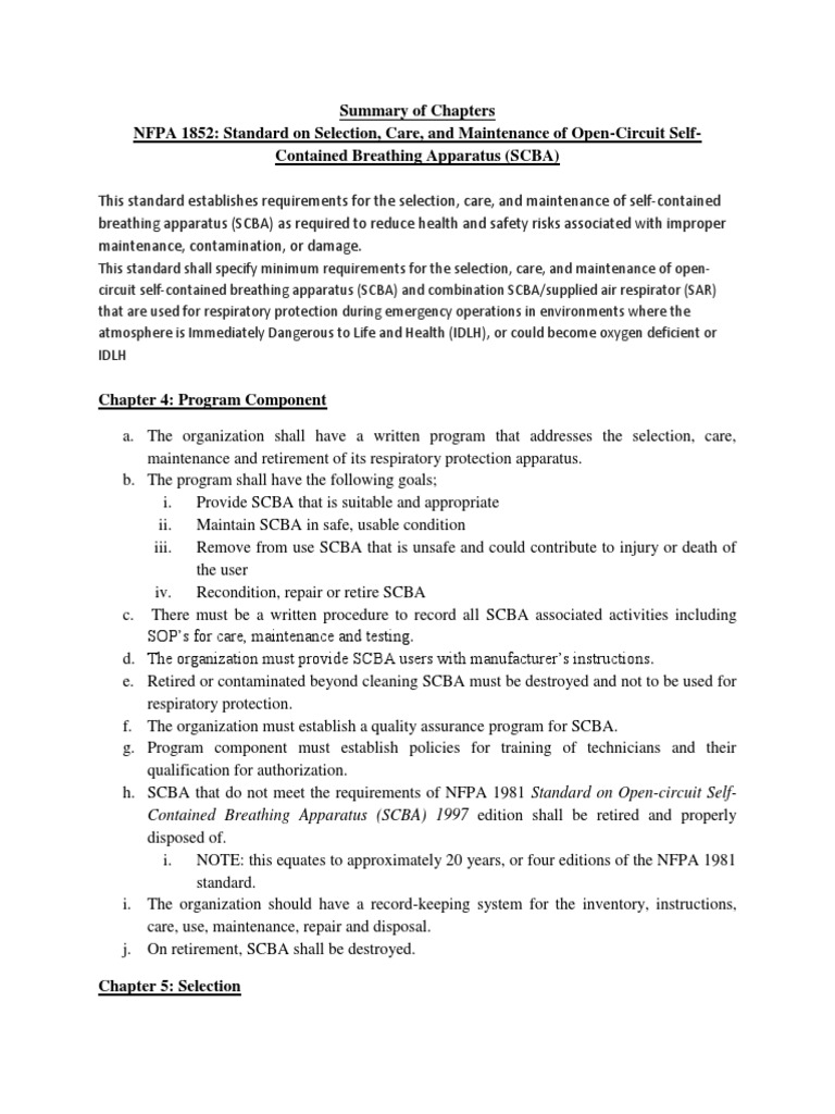 Summary of Chapters NFPA 1852: Standard On Selection, Care, and ...