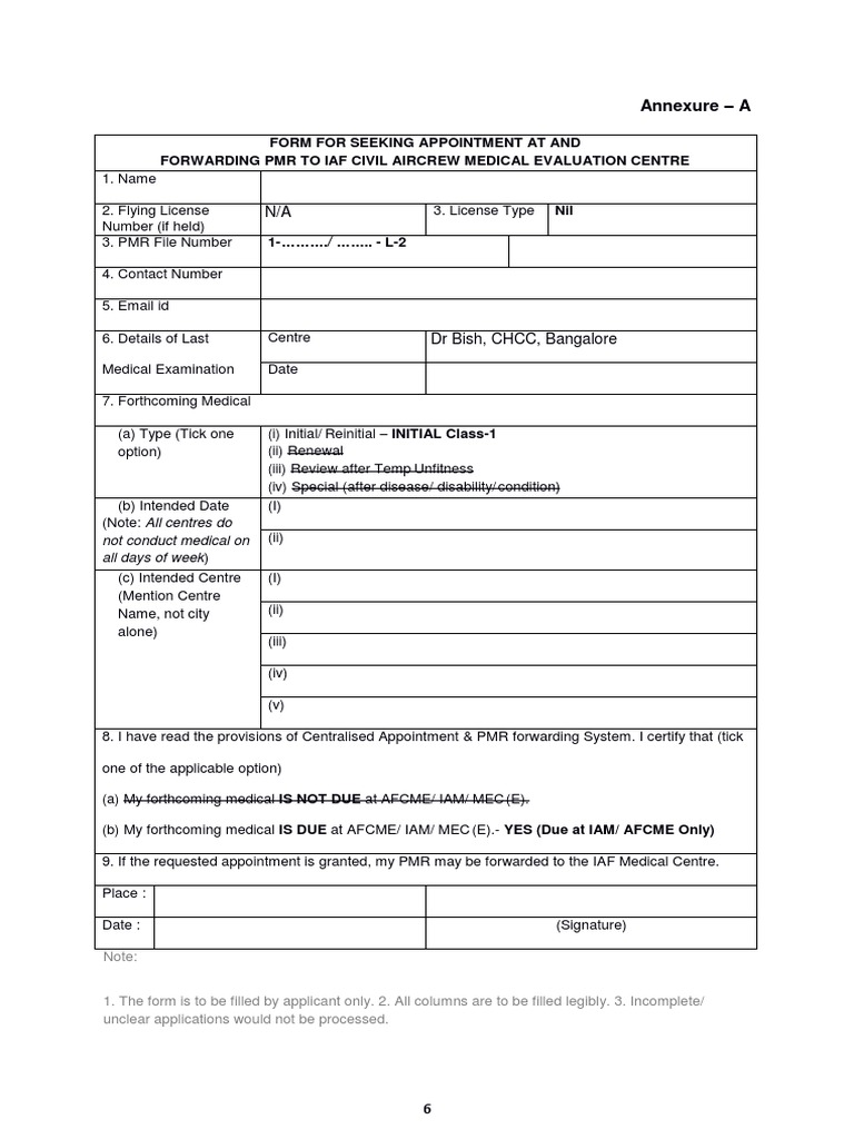 Form For Seeking Appointment at and Forwarding PMR To Iaf Civil Aircrew ...