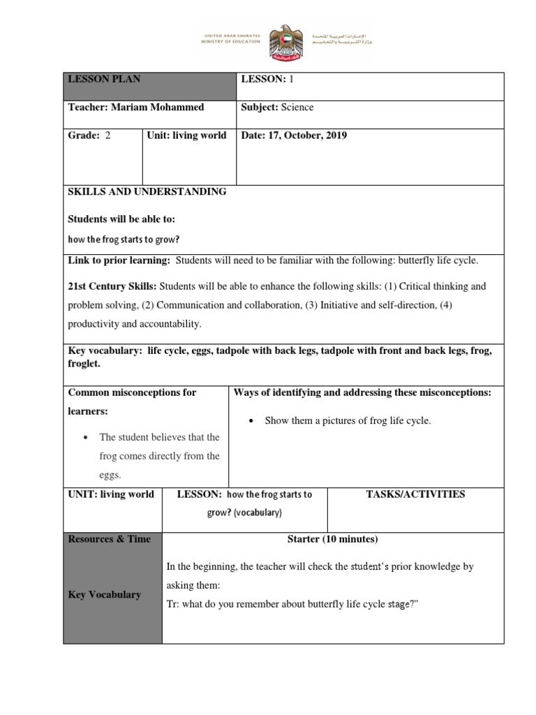 Frog Life Cycle Lesson Plan for Grade 2 | PDF | Frog | Lesson Plan