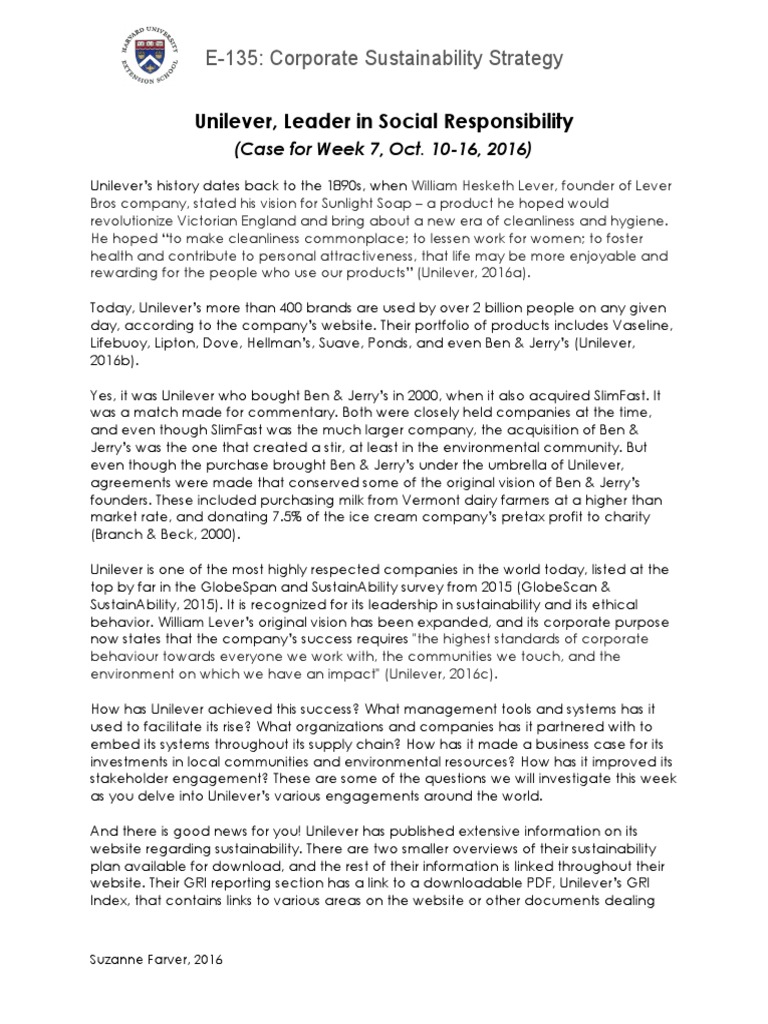 Unilever, Leader in Social Responsibility: E-135: Corporate ...