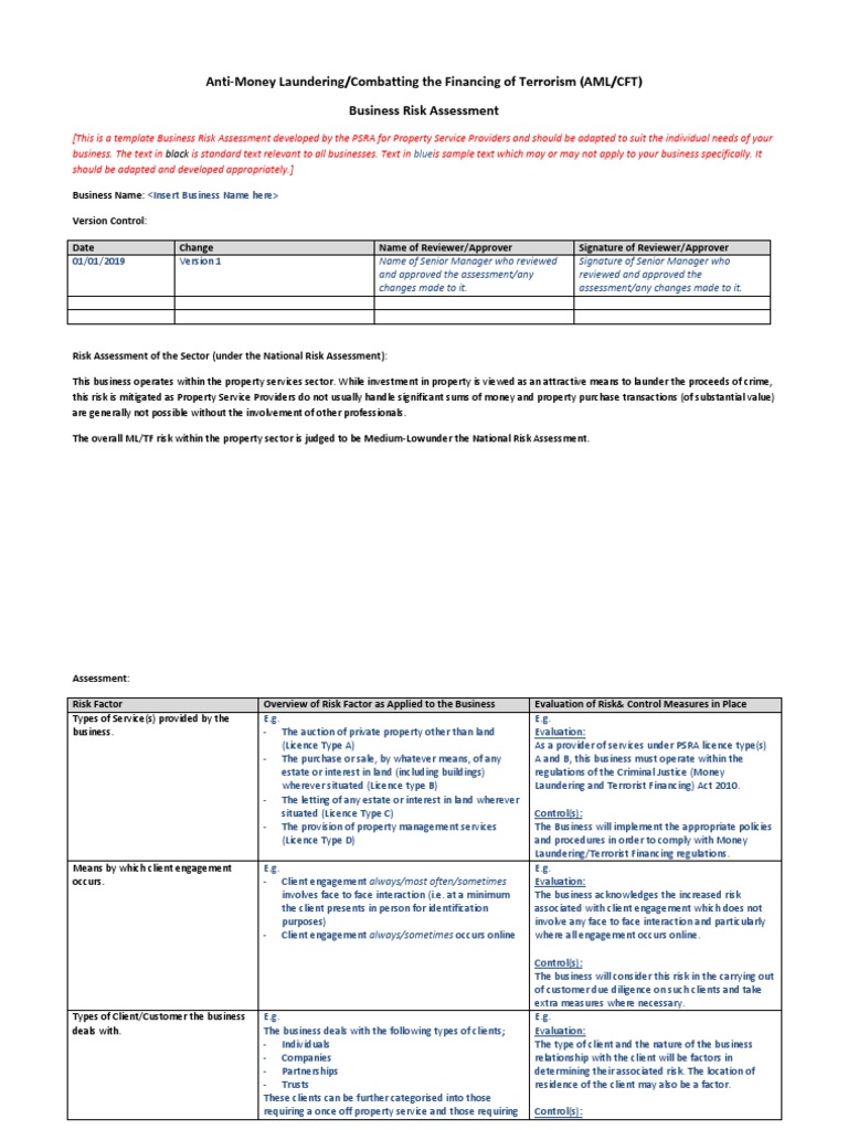 Business Risk Assessment - Template | PDF | Money Laundering ...