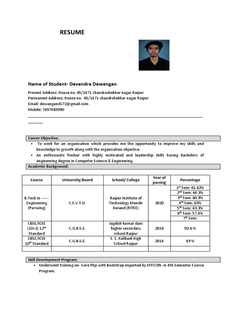Resume: Name of Student-Devendra Dewangan | PDF | Behavior Modification ...
