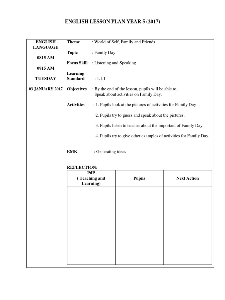 English Lesson Plan Year 5 (2017) : Speak About Activities On Family ...