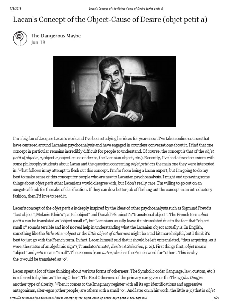 Michael Downs - Lacan's Concept of The Object-Cause of Desire (Objet ...