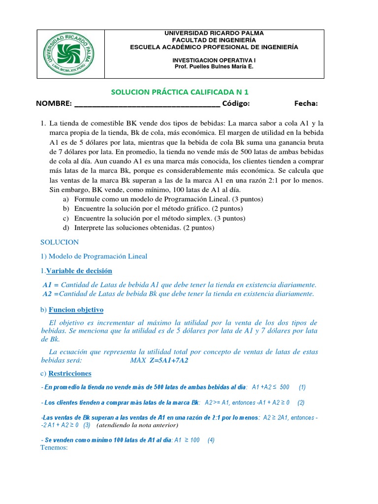 Solucion PC 01 | PDF | Programación lineal | Matemáticas Aplicadas