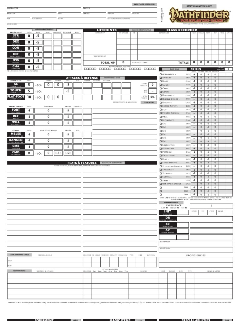Pathfinder Character Sheet