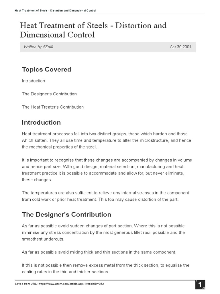 Heat Treatment of Steels Distortion and Dimensional Control | PDF ...