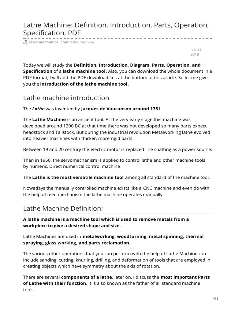 Lathe Machine Definition Introduction Parts Operation Specification PDF ...