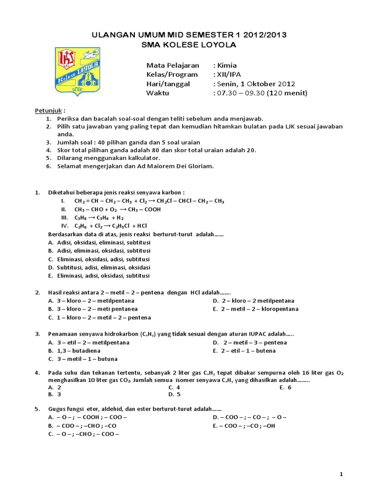 Ulangan Umum Mid Semester 1 2012-2013 Baru | PDF