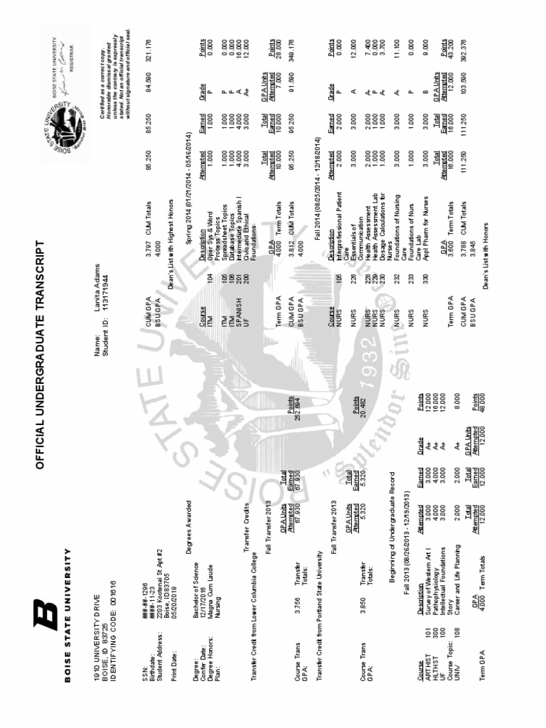 Boise State Official Transcript | PDF | Health Care | Academia