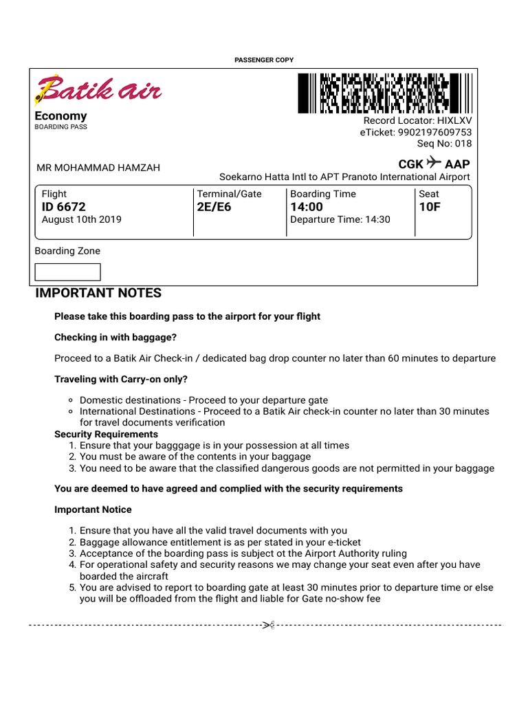 Tiket Batik Air | PDF | Baggage | Aviation