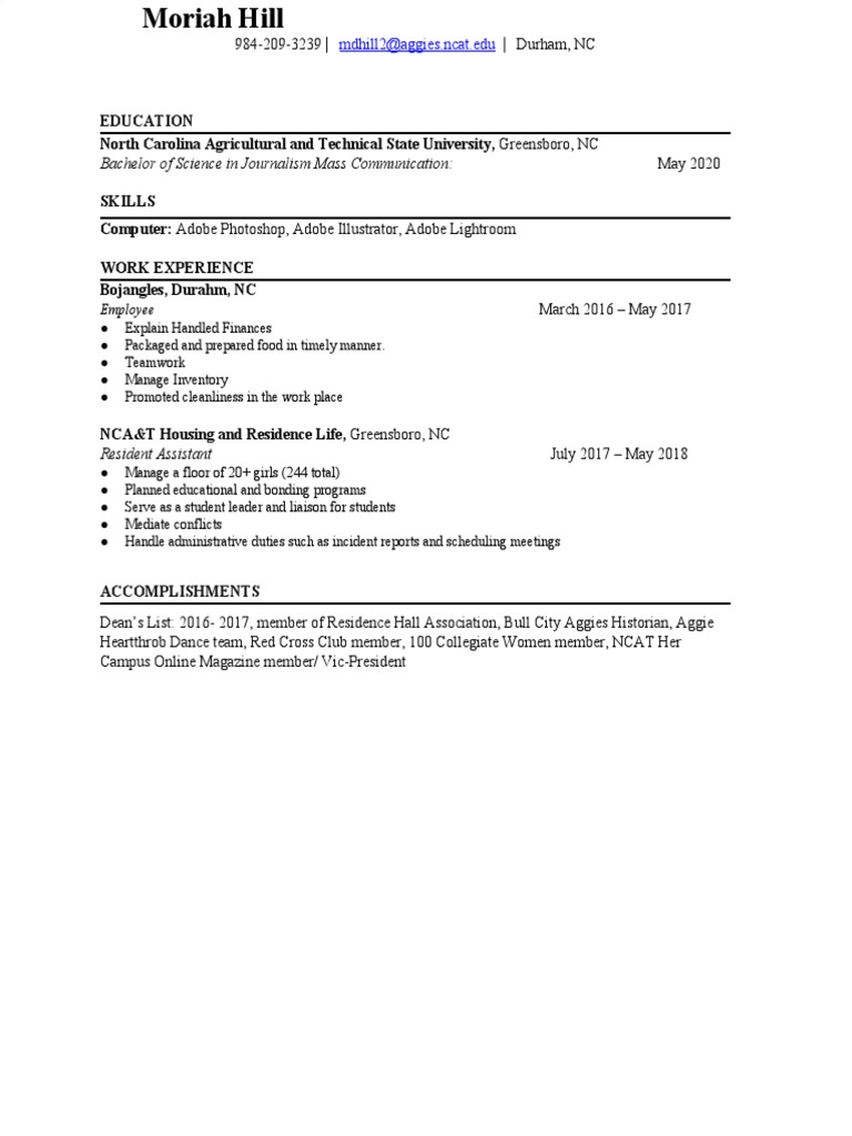 NCAT Journalism Graduate Resume | PDF