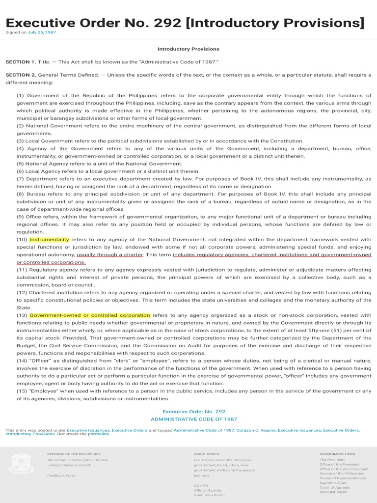 EO 292 (Admin Code) | PDF | Government Agencies | Corporations