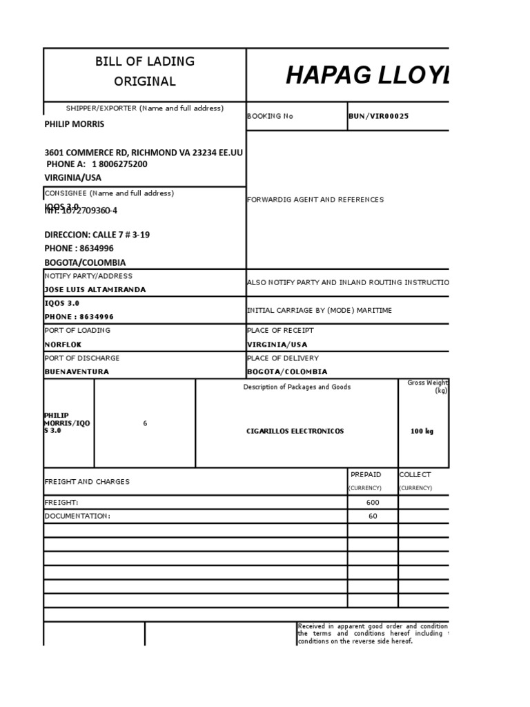 Hapag Lloyd: Bill of Lading Original | PDF | Cargo | Bill Of Lading