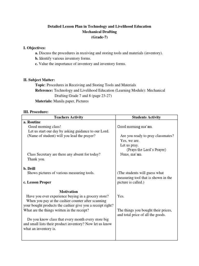DLP - Grade 7 (Procedure in Storing and Receiving Tools and Materials ...