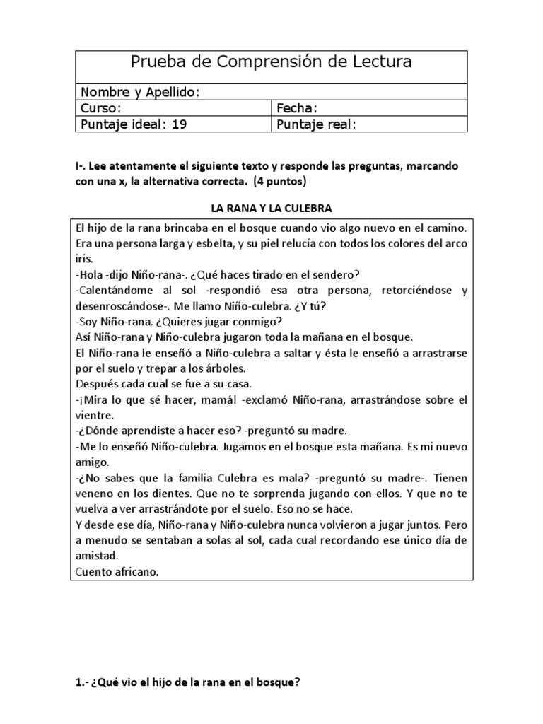 Prueba Comprension de Lectura | PDF | Artes del Lenguaje y Comunicación