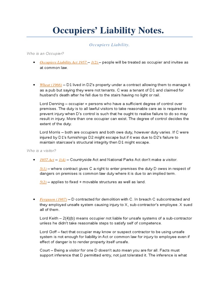 Occupiers Liability Notes | PDF | Legal Concepts | Private Law
