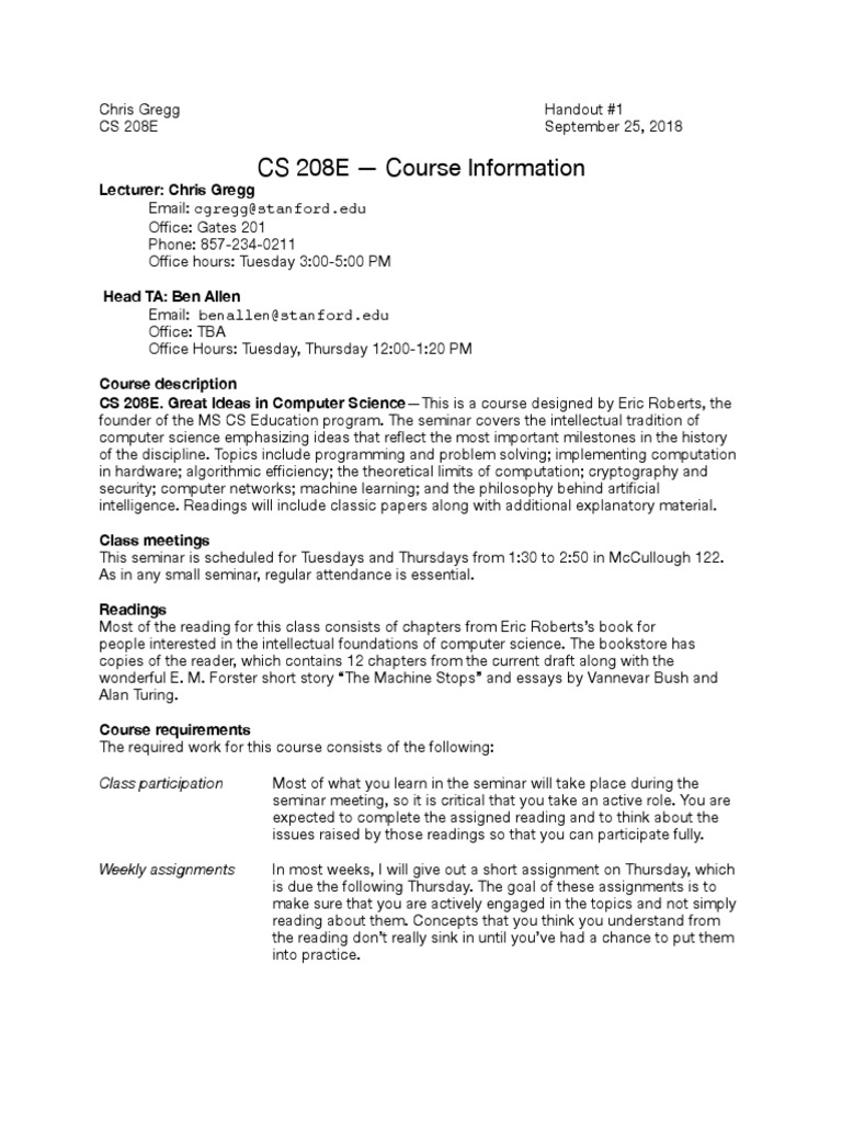 CS 208E - Course Information: Lecturer: Chris Gregg | PDF | Computer Science | Cryptography