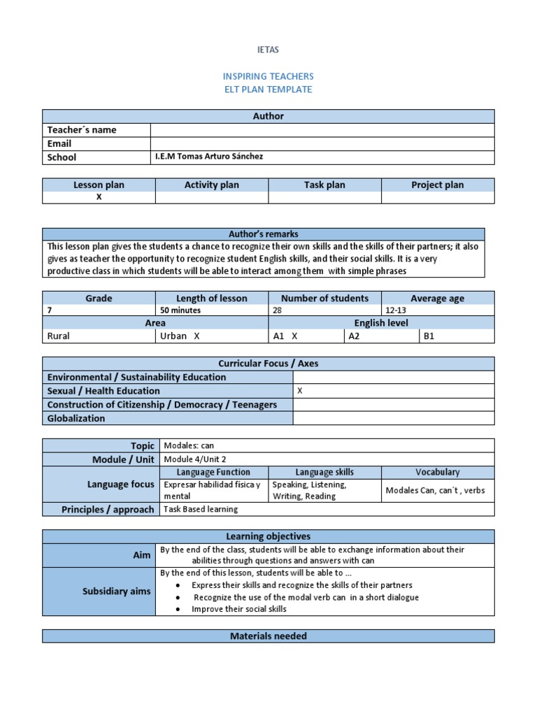 Inspiring Teachers Elt Plan Template: I.E.M Tomas Arturo Sánchez | PDF ...