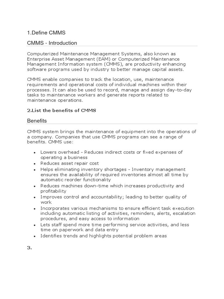 1.define CMMS CMMS - Introduction: 2.list The Benefits of CMMS ...
