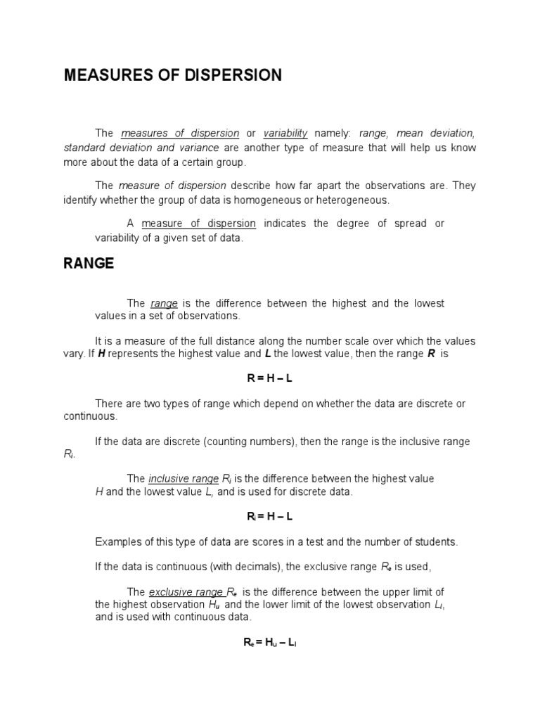 Measures of Dispersion: Range | PDF | Statistical Dispersion | Mean