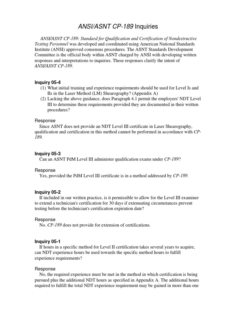 ANSI/ASNT CP-189 Inquiries | PDF | Nondestructive Testing | Certification