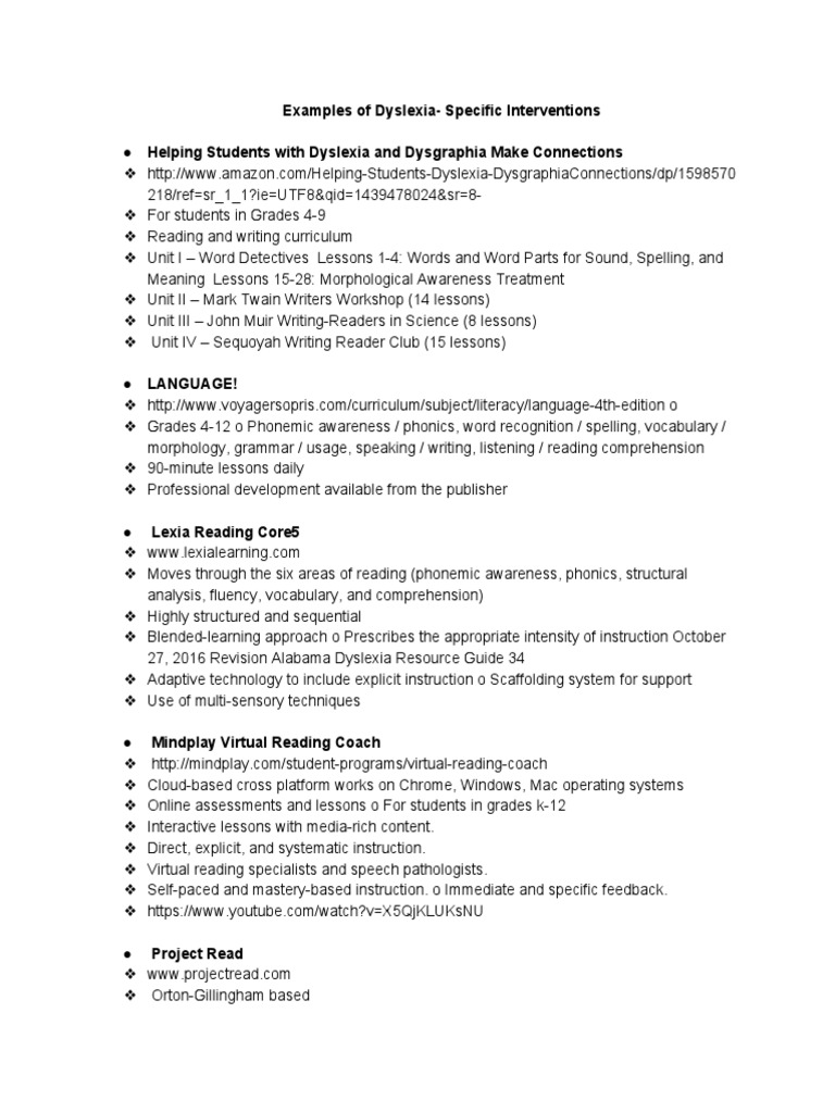 Examples of Dyslexia - Specific Interventions | PDF | Phonics | Semiotics