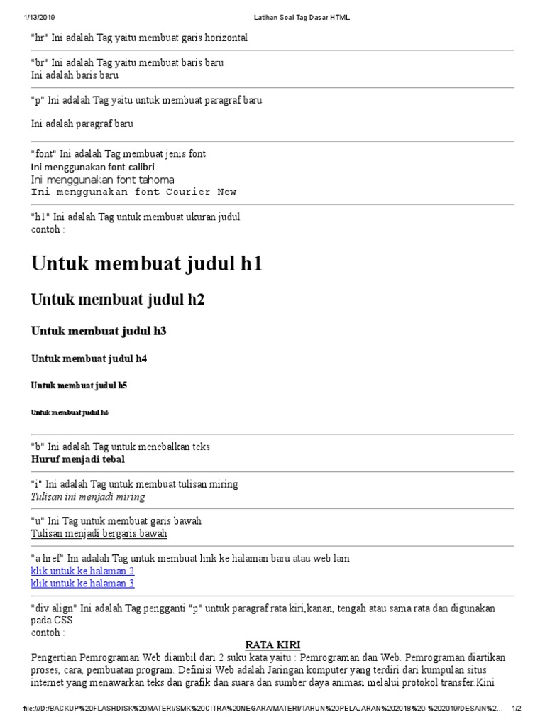 Latihan Soal Tag Dasar HTML | PDF