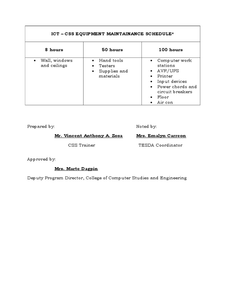 Ict - Css Equipment Maintainance Schedule | PDF