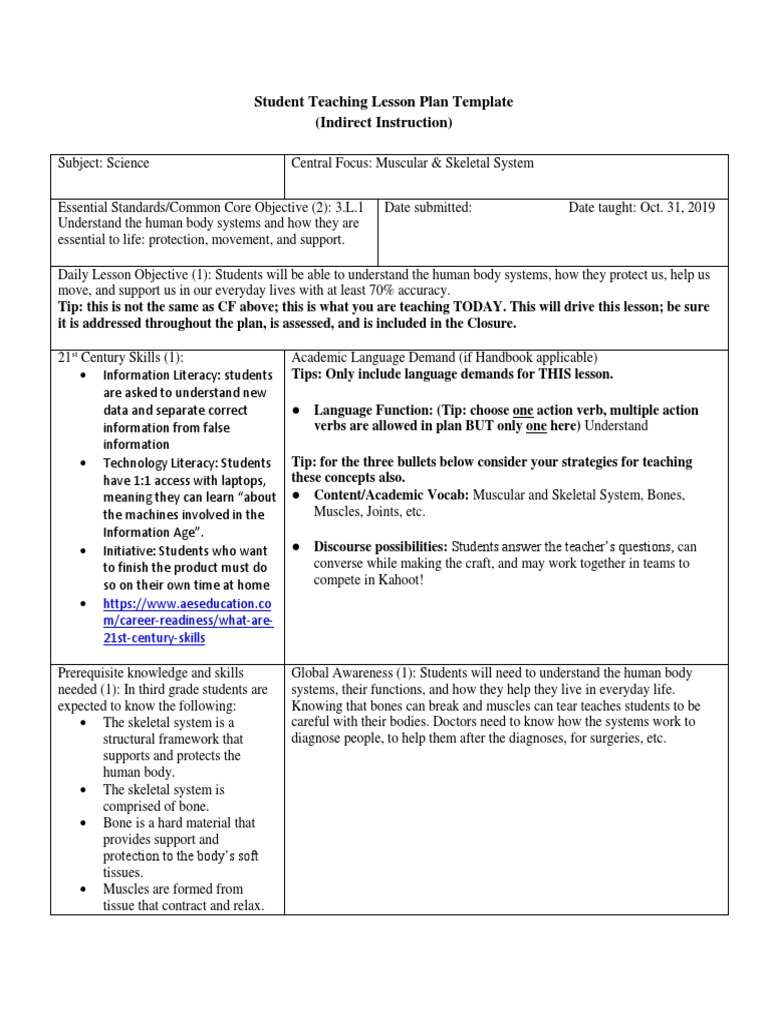 Student Teaching Lesson Plan Template (Indirect Instruction) | PDF ...