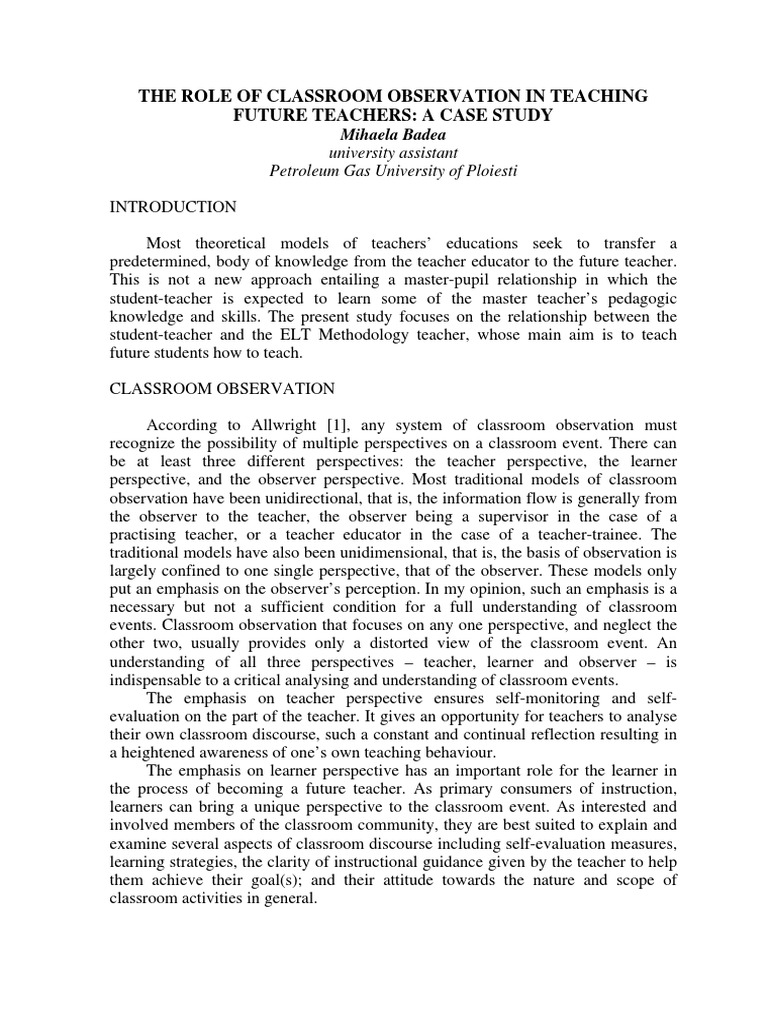 The Role of Classroom Observation in Tea PDF | PDF | Teachers | Learning