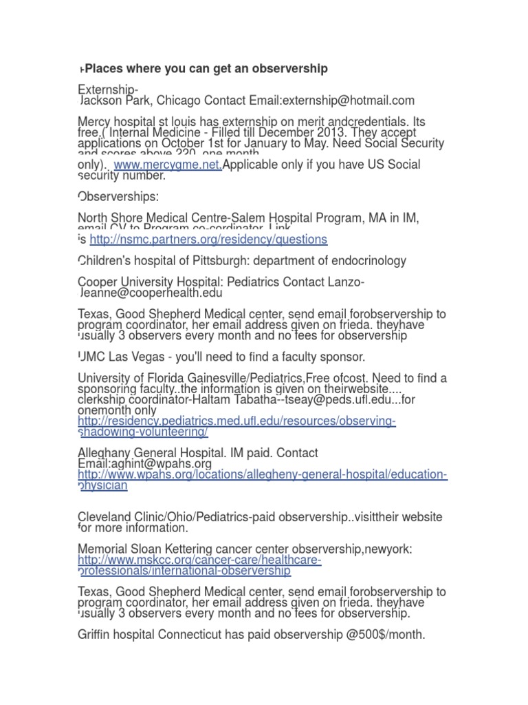 Hospitals That Offer Observerships | PDF | Medical School | Hospital