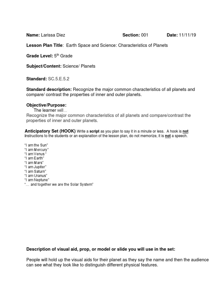 Planet Characteristics Lesson Plan | PDF | Learning Disability | Lesson ...