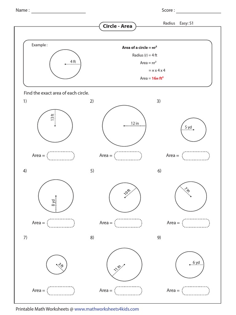 Circle - Area: Name: Score | PDF | Elementary Geometry | Geometric Shapes