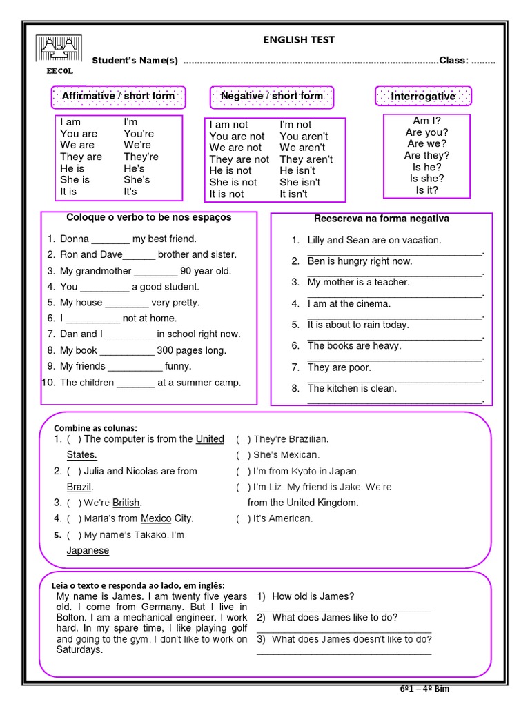 English Test: Affirmative / Short Form Negative / Short Form | PDF | Sports