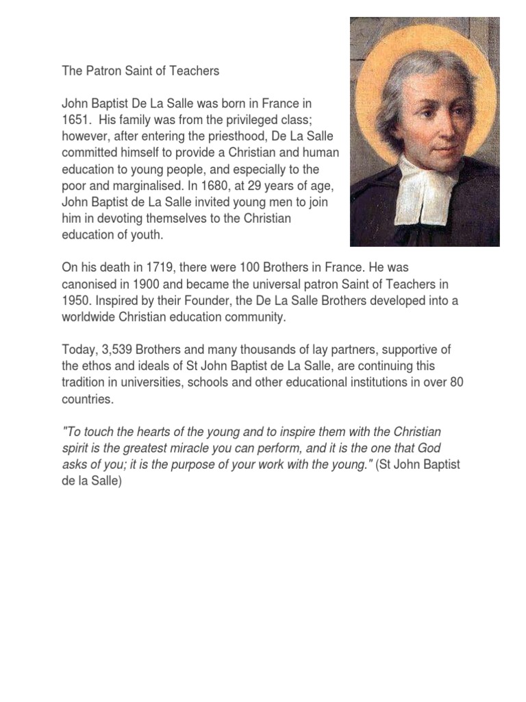 St. John Baptist De La Salle: Patron of Teachers | PDF | Christian ...