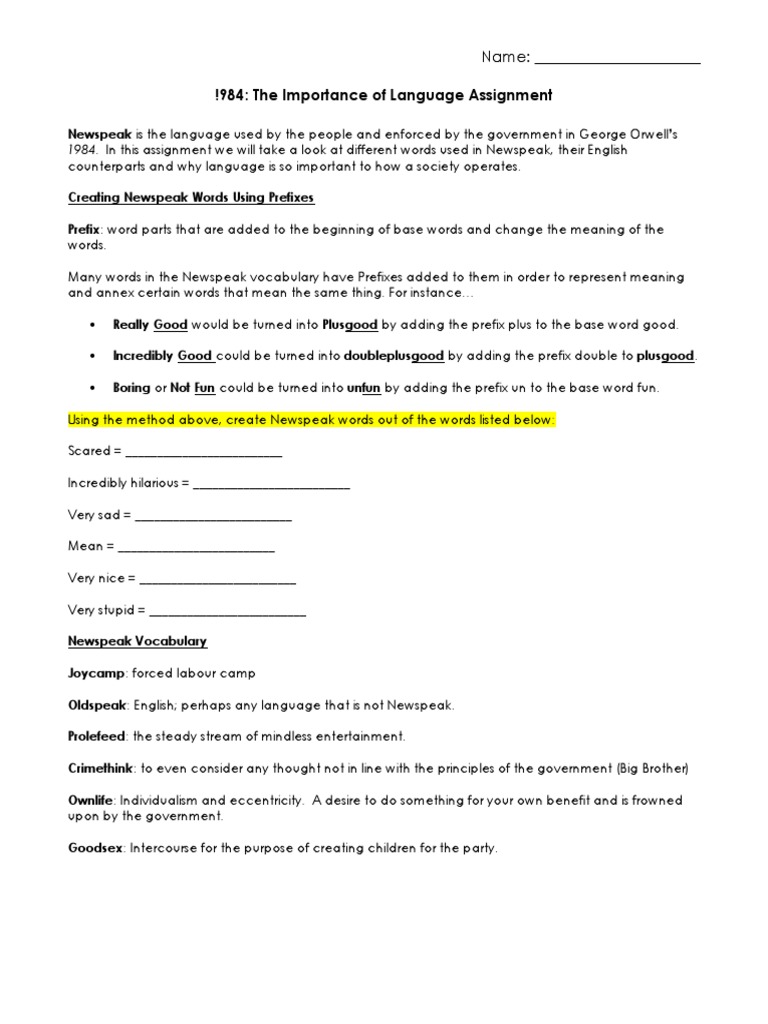 1984 Newspeak Assignment | PDF | Linguistics | Semiotics