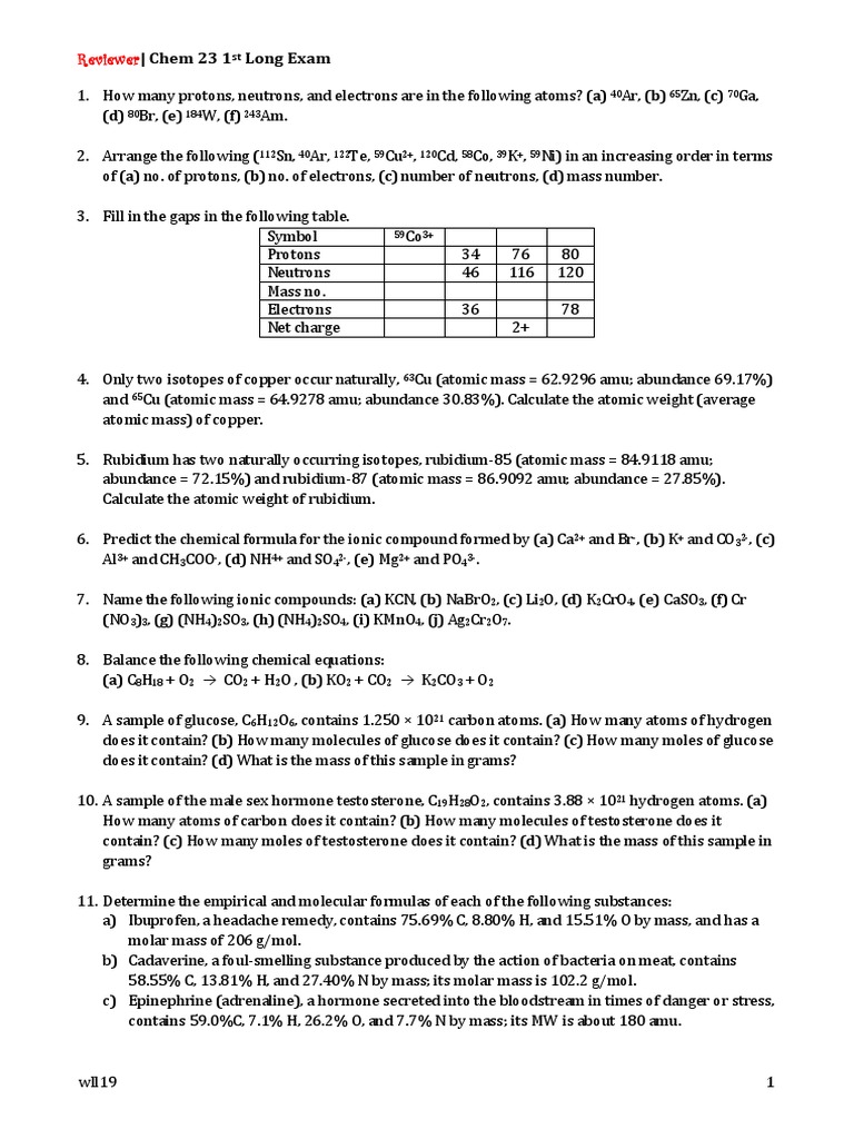 Reviewer For Chem 23 1st Long Exam | PDF | Atomic Mass Unit | Mole (Unit)