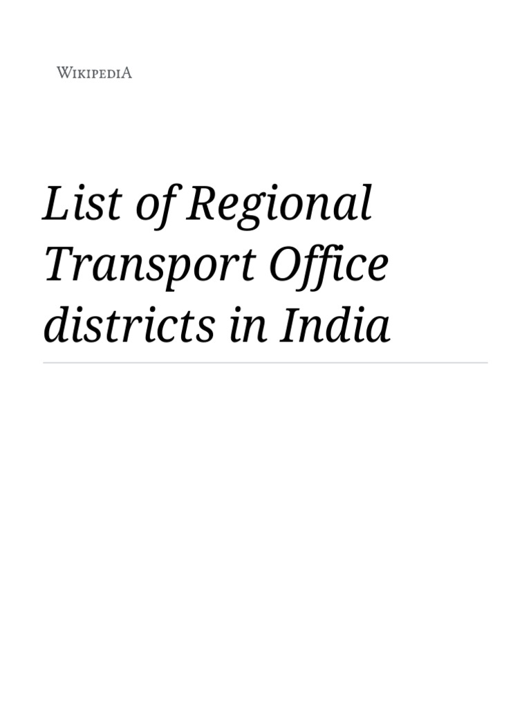 List of Regional Transport Office Districts in India - Wikipedia | PDF ...