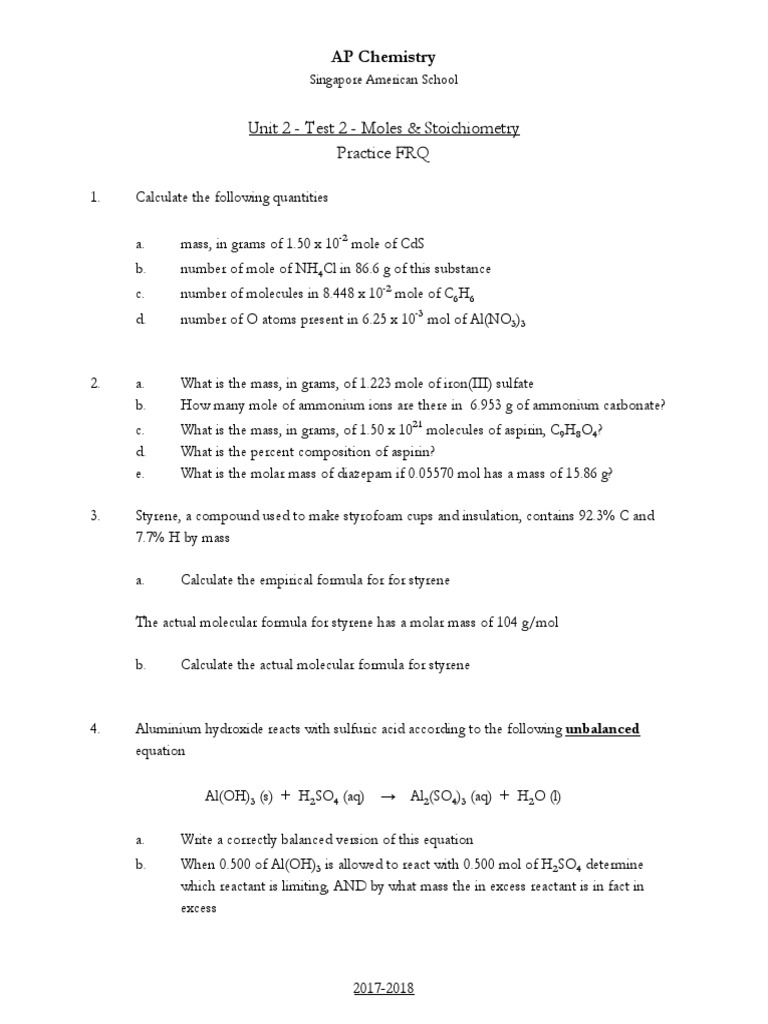 Unit 2 - Test 2 - Moles & Stoichiometry Practice FRQ: AP Chemistry ...